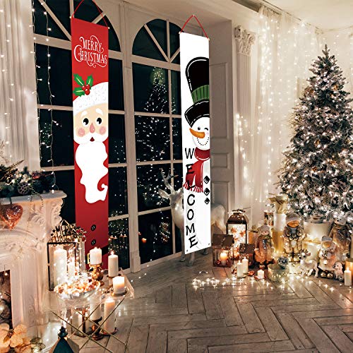 Whaline Christmas Porch Sign, Santa Clause and Snowman Merry Christmas Hanging Banners for Holiday Home Indoor Outdoor Porch Wall Christmas Decoration (12 x 72 Inch)