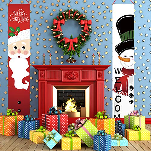 Whaline Christmas Porch Sign, Santa Clause and Snowman Merry Christmas Hanging Banners for Holiday Home Indoor Outdoor Porch Wall Christmas Decoration (12 x 72 Inch)