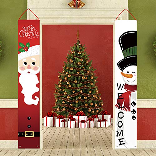 Whaline Christmas Porch Sign, Santa Clause and Snowman Merry Christmas Hanging Banners for Holiday Home Indoor Outdoor Porch Wall Christmas Decoration (12 x 72 Inch)