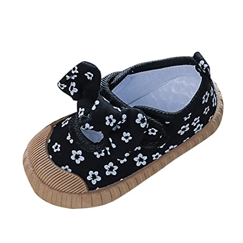 Spring and Summer Girls Casual Shoes Flower Bow Soft Bottom Comfortable and Breathable Big Girl (Black, 18-24Months)