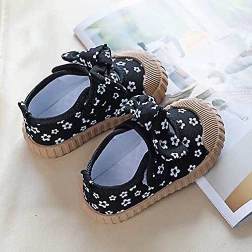 Spring and Summer Girls Casual Shoes Flower Bow Soft Bottom Comfortable and Breathable Big Girl (Black, 18-24Months)