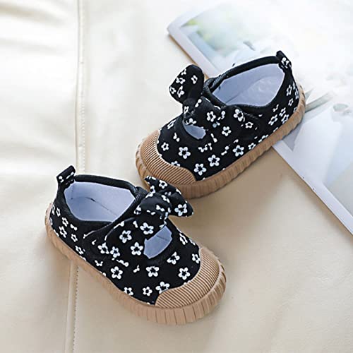 Spring and Summer Girls Casual Shoes Flower Bow Soft Bottom Comfortable and Breathable Big Girl (Black, 18-24Months)