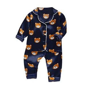 fedulk toddler kids satin pajamas sets, little boys girls baby cartoon animal button tops pants pjs sleepwear outfits(b-navy,3 years), 3-4t