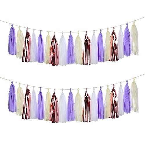 Autupy 20Pcs Purple Rose Tissue Paper Tassels Garland Lavender Tassel Garland Wedding Banner Bunting Party Birthday Bridal Shower Decor Event Party Supplies Mermaid Party Decorations