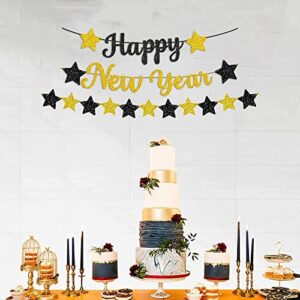 Famoby Black Gold Paper Happy New year Banner Shiny metallic texture Star Bunting for New year Party Decoration