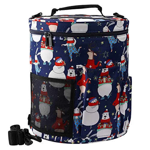 Large Capacity Lightweight Portable Yarn Storage Knitting Tote Organizer Bag with Pockets for Knitting Needle Crochet Hook (Blue Snowman)