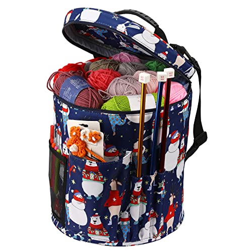 Large Capacity Lightweight Portable Yarn Storage Knitting Tote Organizer Bag with Pockets for Knitting Needle Crochet Hook (Blue Snowman)