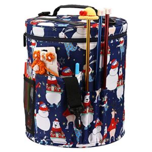 Large Capacity Lightweight Portable Yarn Storage Knitting Tote Organizer Bag with Pockets for Knitting Needle Crochet Hook (Blue Snowman)