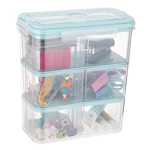 BTSKY 3 Layer Portable Storage Container Box with 6 Removable Grids Multipurpose Plastic Stack & Carry Box,Craft Storage Organizer for Art Supplies, Stationary Supplies Jewelry, Tool Clear Blue