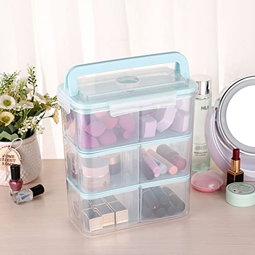 BTSKY 3 Layer Portable Storage Container Box with 6 Removable Grids Multipurpose Plastic Stack & Carry Box,Craft Storage Organizer for Art Supplies, Stationary Supplies Jewelry, Tool Clear Blue