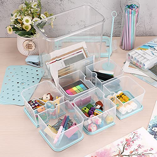 BTSKY 3 Layer Portable Storage Container Box with 6 Removable Grids Multipurpose Plastic Stack & Carry Box,Craft Storage Organizer for Art Supplies, Stationary Supplies Jewelry, Tool Clear Blue