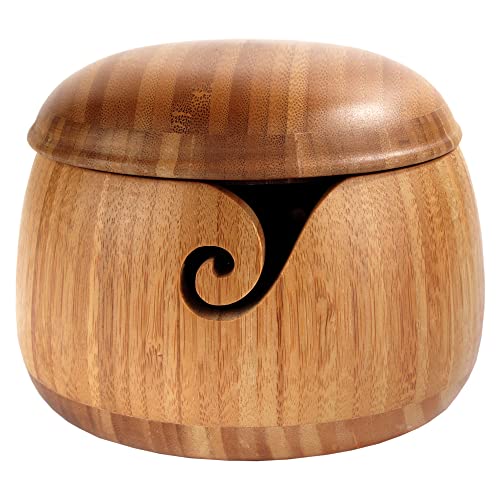 JubileeYarn Bamboo Yarn Bowl with Lid - Holder Knitting Crochet Accessories - Carbonized Brown - 1 Bowl