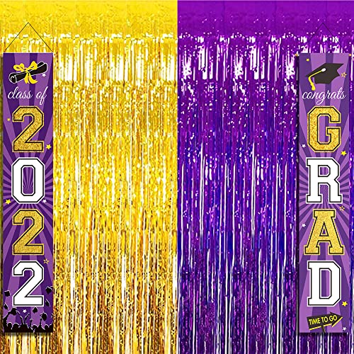 Graduation Decorations 2022 Purple Gold Graduation Party Supplies 2022 Graduation Banner Purple Gold Class of 2022 Congrats Grad Porch Sign and Foil Curtains Graduation Party Decorations by HappyField