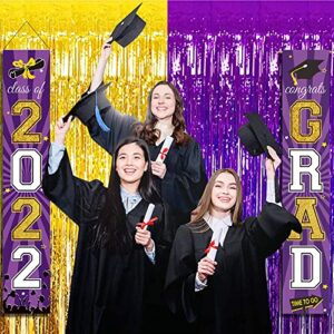 Graduation Decorations 2022 Purple Gold Graduation Party Supplies 2022 Graduation Banner Purple Gold Class of 2022 Congrats Grad Porch Sign and Foil Curtains Graduation Party Decorations by HappyField