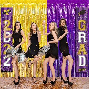 Graduation Decorations 2022 Purple Gold Graduation Party Supplies 2022 Graduation Banner Purple Gold Class of 2022 Congrats Grad Porch Sign and Foil Curtains Graduation Party Decorations by HappyField