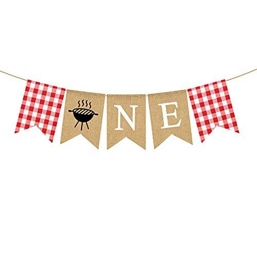 Pudodo Jute Burlap BBQ Themed One High Chair Banner with Grill Barbecue 1st Birthday Party Garland Decoration