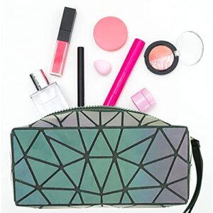 Wsnyy 2PCs Big Capacity Luminous Pencil Pen Case,Luminous Cosmetic Bag with Wrist Strap for Women,Geometric Foldable Portable Travel Make up Bags