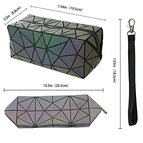 Wsnyy 2PCs Big Capacity Luminous Pencil Pen Case,Luminous Cosmetic Bag with Wrist Strap for Women,Geometric Foldable Portable Travel Make up Bags