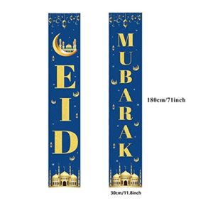 RUIMI Eid Mubarak Porch Sign,Eid Mubarak Decoration Set,Muslim Ramadan EID Mubarak Porch Banner,Islamic Muslim Ramadan Hanging Banners for Front Door Sign Decoration (Blue)