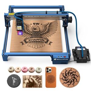 sculpfun s30 (s9 upgraded) laser engraver with auto air assist pump & nozzle, limit switchs, 5w cnc laser cutter, industrial grade accuracy engraving machine, 10 times longer laser service life