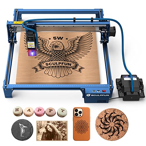 SCULPFUN S30 (S9 Upgraded) Laser Engraver with Auto Air Assist Pump & Nozzle, Limit Switchs, 5W CNC Laser Cutter, Industrial Grade Accuracy Engraving Machine, 10 Times Longer Laser Service Life