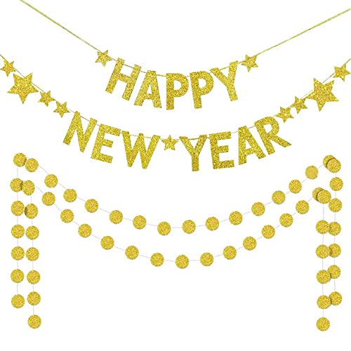 Happy New Year Banner 2022 New Year Party Decorations Glitter Gold Paper Garland Banner for New Year Eve Party Supplies Outdoor Indoor Home Decoration