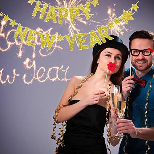 Happy New Year Banner 2022 New Year Party Decorations Glitter Gold Paper Garland Banner for New Year Eve Party Supplies Outdoor Indoor Home Decoration