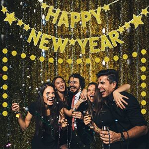 Happy New Year Banner 2022 New Year Party Decorations Glitter Gold Paper Garland Banner for New Year Eve Party Supplies Outdoor Indoor Home Decoration