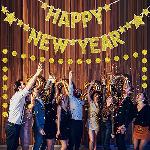 Happy New Year Banner 2022 New Year Party Decorations Glitter Gold Paper Garland Banner for New Year Eve Party Supplies Outdoor Indoor Home Decoration