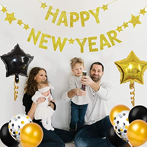 Happy New Year Banner 2022 New Year Party Decorations Glitter Gold Paper Garland Banner for New Year Eve Party Supplies Outdoor Indoor Home Decoration