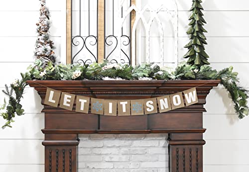 Let It Snow Christmas Banner - Ready to Hang Holiday Decor - Festive Burlap Seasonal Winter Decoration - Frozen Theme Party Decorations - Rustic Snowflake Bunting Garland by Jolly Jon