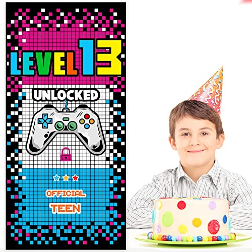 Level 13 Unlocked Happy 13th Birthday Level Up Banner Backdrop Background Photo Booth Props Video Game Game Controller Theme Decorations Decor for Door Porch Boys Girls 13th Birthday Party Supplies