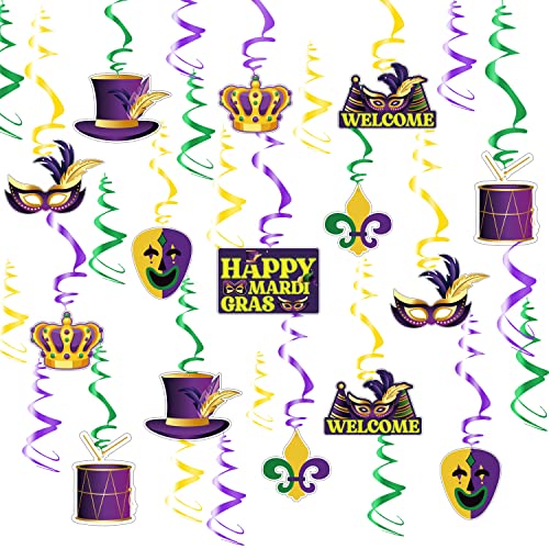 DmHirmg Mardi Gras Hanging Swirl Decorations Mardi Gras Party Decorations Foil Hanging Swirls Gold Green Purple Ceiling Decor for Carnival Masquerade New Orleans Party Birthday Supplies