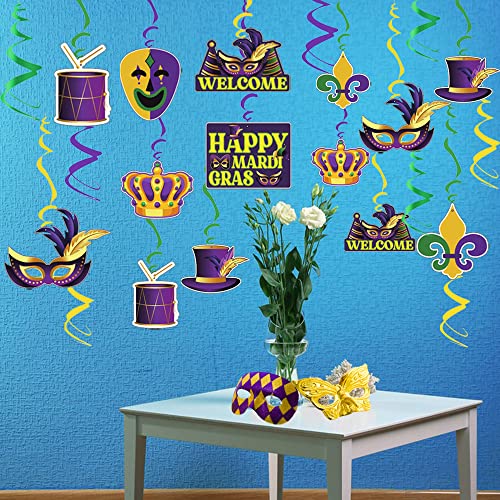 DmHirmg Mardi Gras Hanging Swirl Decorations Mardi Gras Party Decorations Foil Hanging Swirls Gold Green Purple Ceiling Decor for Carnival Masquerade New Orleans Party Birthday Supplies