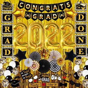 huge, graduation party decorations 2022 – pack of 75 | congrats grad banner, graduation photo props | gold fringe graduation backdrop | graduation banner, black and gold graduation decorations 2022