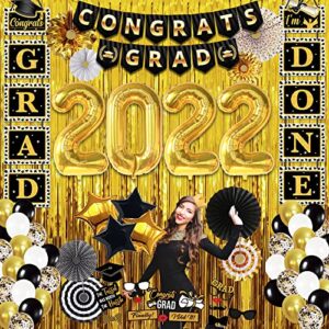 Huge, Graduation Party Decorations 2022 - Pack of 75 | Congrats Grad Banner, Graduation Photo Props | Gold Fringe Graduation Backdrop | Graduation Banner, Black and Gold Graduation Decorations 2022