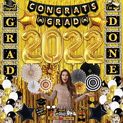 Huge, Graduation Party Decorations 2022 - Pack of 75 | Congrats Grad Banner, Graduation Photo Props | Gold Fringe Graduation Backdrop | Graduation Banner, Black and Gold Graduation Decorations 2022