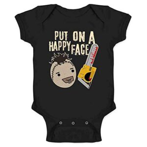 pop threads put on a happy face chainsaw funny horror movie infant baby boy girl bodysuit black 6m