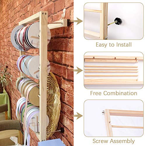 Kelendle 4 Tier Wall Mounted Wooden Ribbon Organizer Rack Wood Lace Dispenser Rolls Curling Spool Storage Container Embroidery Thread Holder Stand