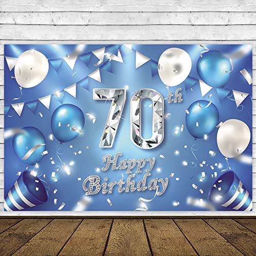 Happy 70th Birthday Banner Background Decorations Balloons Crystal Confetti Theme Decor for Men or Women Cheers to 70 Years Party Favors Supplies Blue Silver