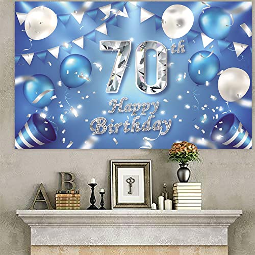 Happy 70th Birthday Banner Background Decorations Balloons Crystal Confetti Theme Decor for Men or Women Cheers to 70 Years Party Favors Supplies Blue Silver