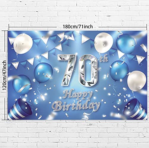 Happy 70th Birthday Banner Background Decorations Balloons Crystal Confetti Theme Decor for Men or Women Cheers to 70 Years Party Favors Supplies Blue Silver