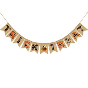 vedran trick or treat burlap banner, multicolor halloween burlap banner decorations with pumpkin bat spider web elements black orange, indoor and outdoor decoration supplies