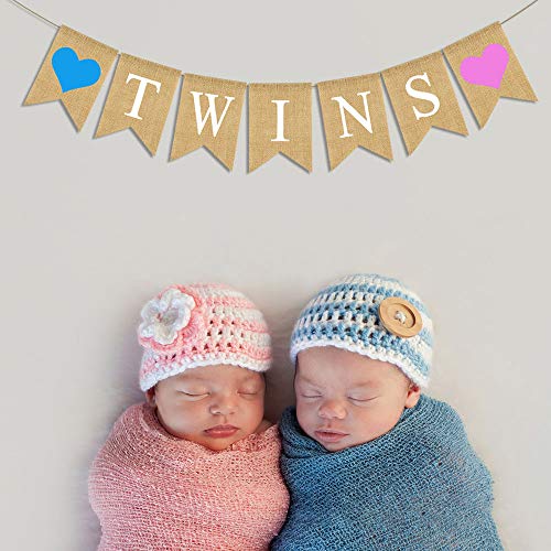 Rustic Jute Burlap Twins Banner for Boy Girl Twins Baby Shower Gender Reveal Party Decoration