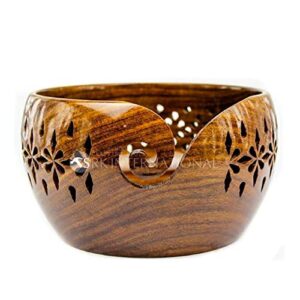 srk international rosewood crafted wooden yarn storage bowl with carved holes & drills | knitting crochet accessories | medium – 7 x 3, brown (sb – 202)