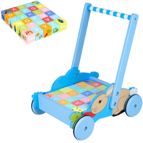 Orange Tree Toys - Peter Rabbit Block Trolley - Wooden Alphabet Block Trolley That Encourages First Steps and Develops Key Motor Skills, Includes 30 Blocks, for Kids Ages 12 Months +