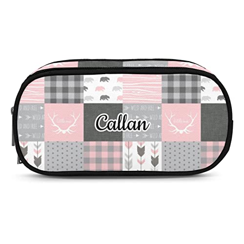 Cow Patchwork Pink Gray Forest Personalized Pencil Case/Pen Case/Pencil Pouch for Students,Custom Zipper Stationery Bag for Pens and Pencils for Boys Girls