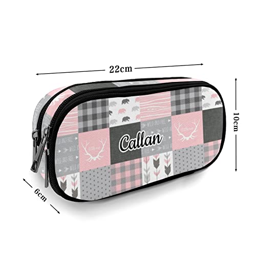 Cow Patchwork Pink Gray Forest Personalized Pencil Case/Pen Case/Pencil Pouch for Students,Custom Zipper Stationery Bag for Pens and Pencils for Boys Girls