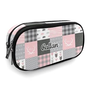 Cow Patchwork Pink Gray Forest Personalized Pencil Case/Pen Case/Pencil Pouch for Students,Custom Zipper Stationery Bag for Pens and Pencils for Boys Girls