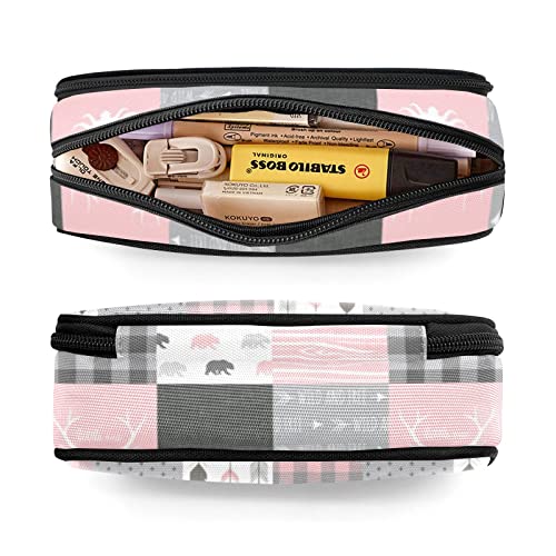 Cow Patchwork Pink Gray Forest Personalized Pencil Case/Pen Case/Pencil Pouch for Students,Custom Zipper Stationery Bag for Pens and Pencils for Boys Girls